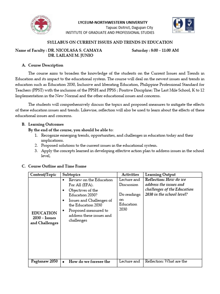 Education Trends & Issues Syllabus | PDF | Educational Psychology ...