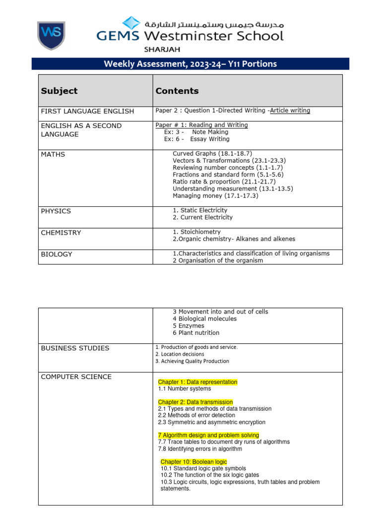 Y11 Weekly Assessment Topics 2023-24 | PDF | Science & Mathematics