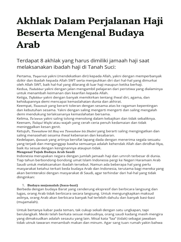 Akhlak Dalam Perjalanan Haji Beserta Mengenal Budaya Arab | PDF