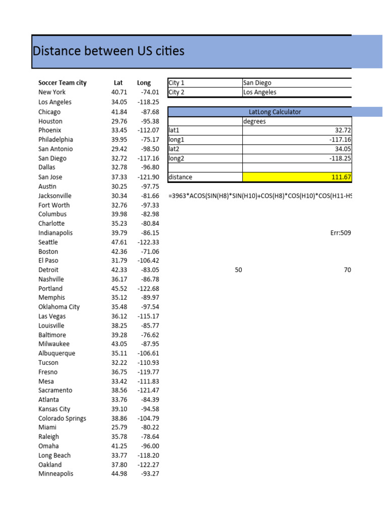 Distance Between US Cities: Soccer Team City Lat Long | PDF | Teaching ...