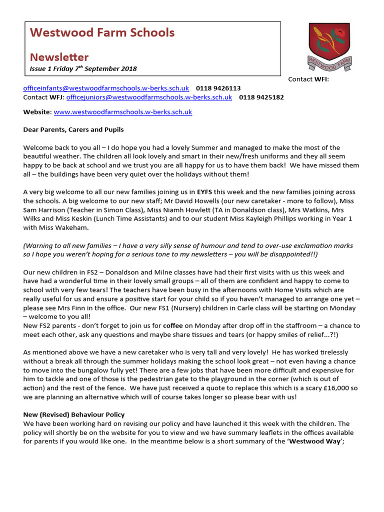 Wfs Joint Newsletter Issue 1 - 7th September 2018 | PDF | School Meal