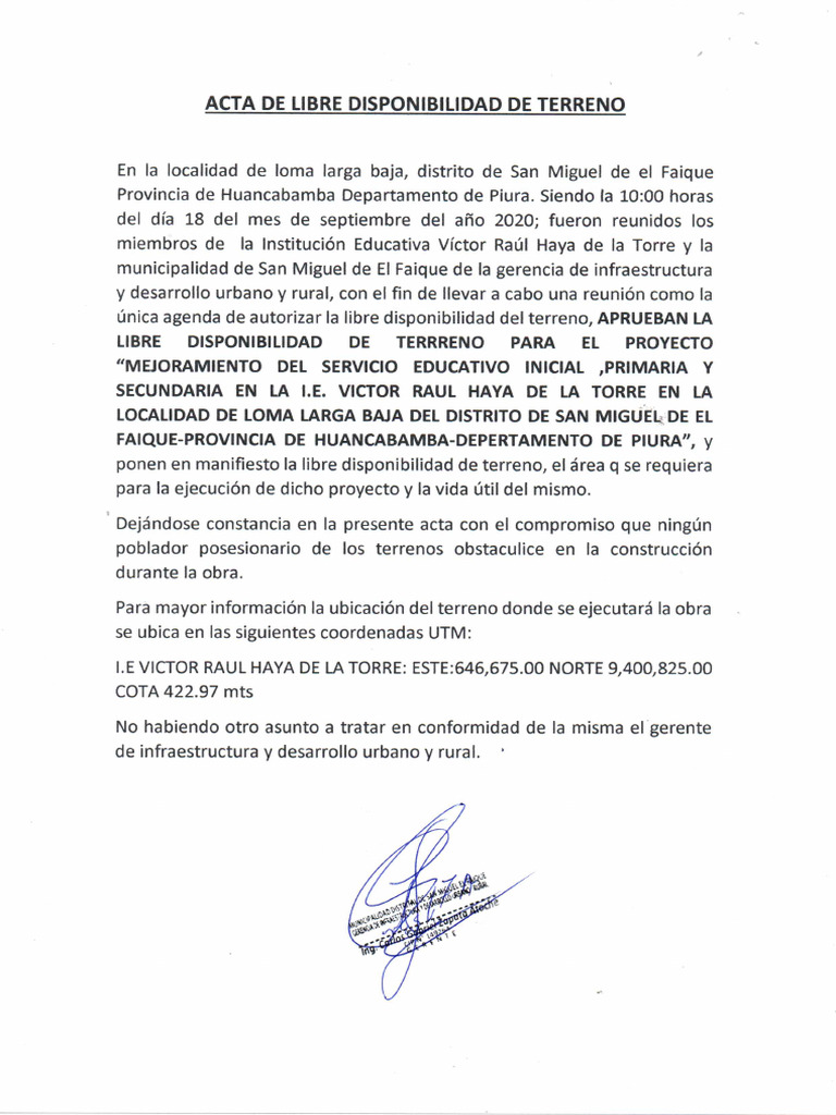Acta - de - Libre - Disponibilidad - de - Terreno - Ing. Godvin | PDF