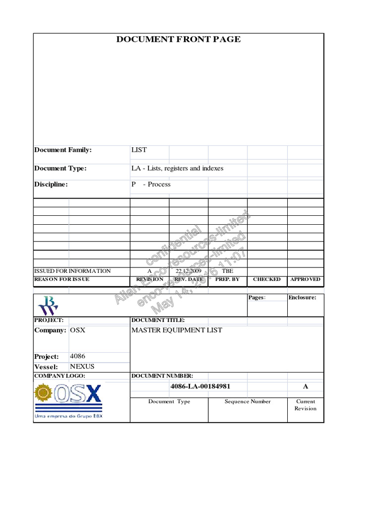 4086-LA-00184981 (Master Equipment List) 0 | PDF | Pump | Heat Exchanger