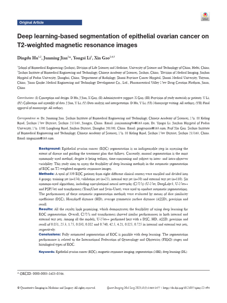 Deep Learning-Based Segmentation of Epithelial Ovarian Cancer On T2 ...