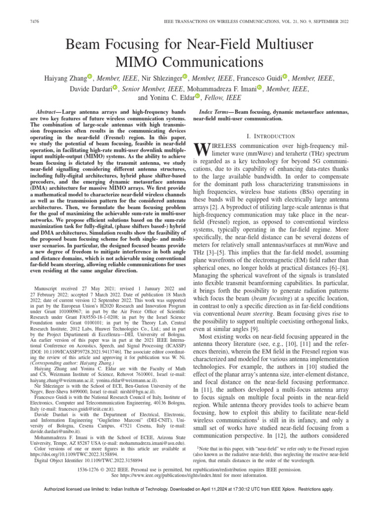 Beam Focusing For Near Field Multiuser Mimo Communications Pdf Mimo Antenna Radio