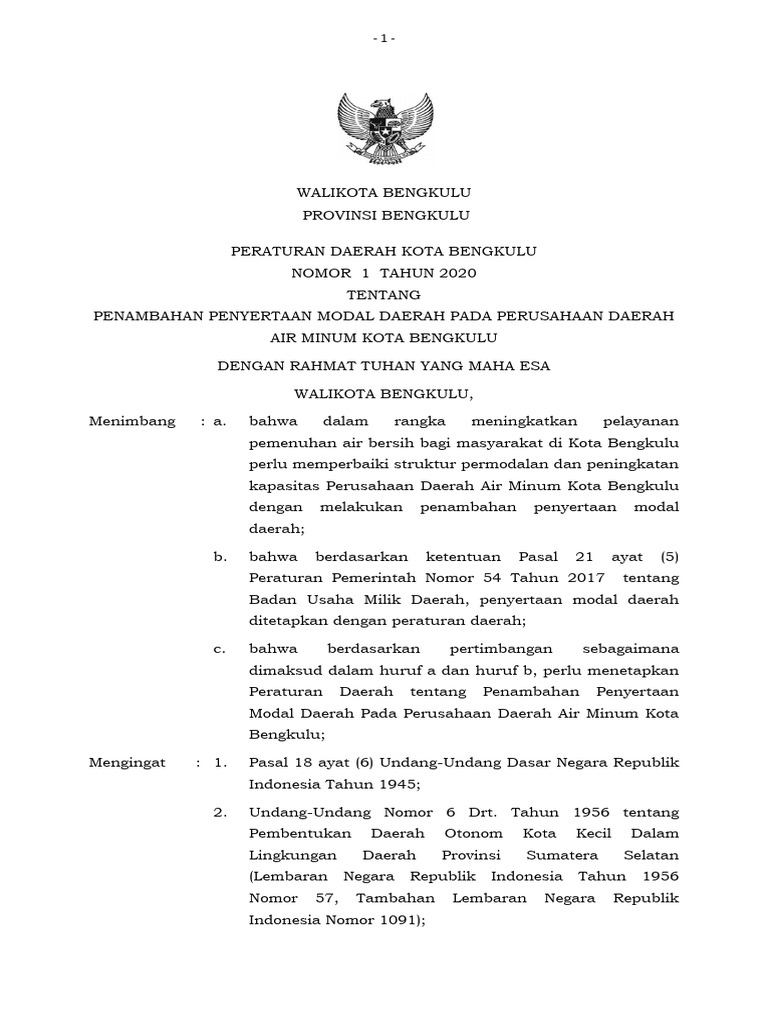 Pdam - Perda No. 1 Tahun 2020 TTG Penambahan Penyertaan Modal Pdam-Dikonversi | PDF ...