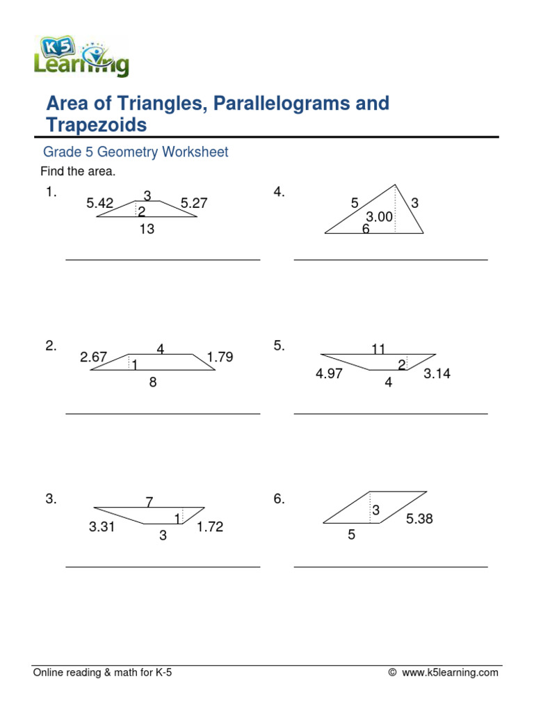 Grade 5 Area of Triangles Parallelograms Trapezoids B | PDF