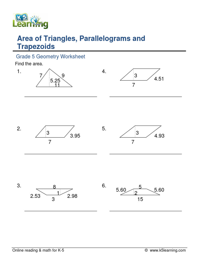 Grade 5 Area of Triangles Parallelograms Trapezoids e | PDF