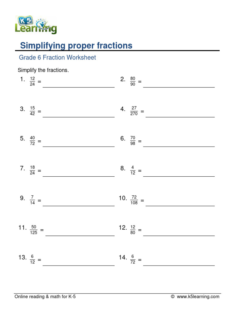 Grade 6 Fraction Simplification Worksheet | PDF