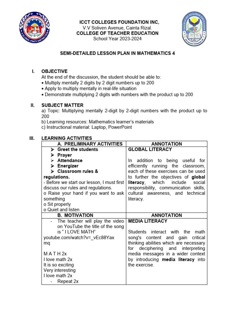 Semidetailed Lesson Plan With Annotation | PDF | Literacy | Learning