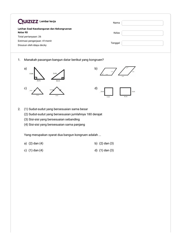 Latihan Soal Kesebangunan Dan Kekongruenan Kelas 9D - Quizizz | PDF