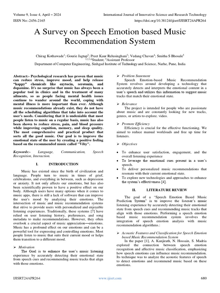 A Survey On Speech Emotion Based Music Recommendation System | Download Free PDF | Emotions ...