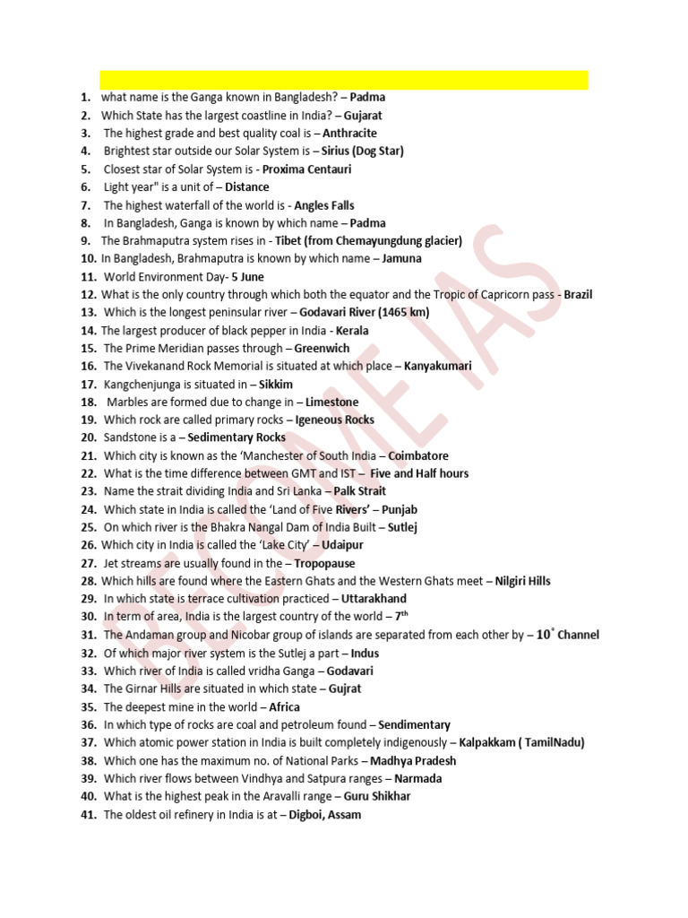 2000 Geography One Liner Questions | PDF | Planets | Solar System