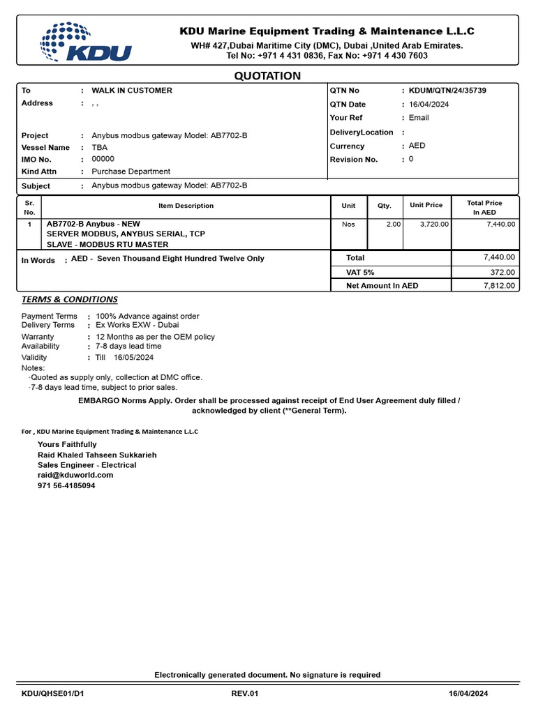 Modbus Gateway Quotation | PDF | Credit Card | Business