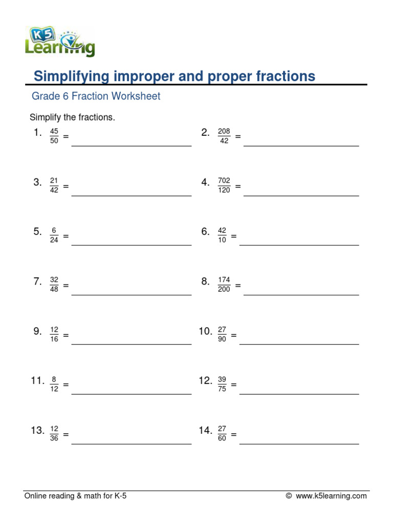 Grade 6 Simplifying Improper Proper Fractions e | PDF