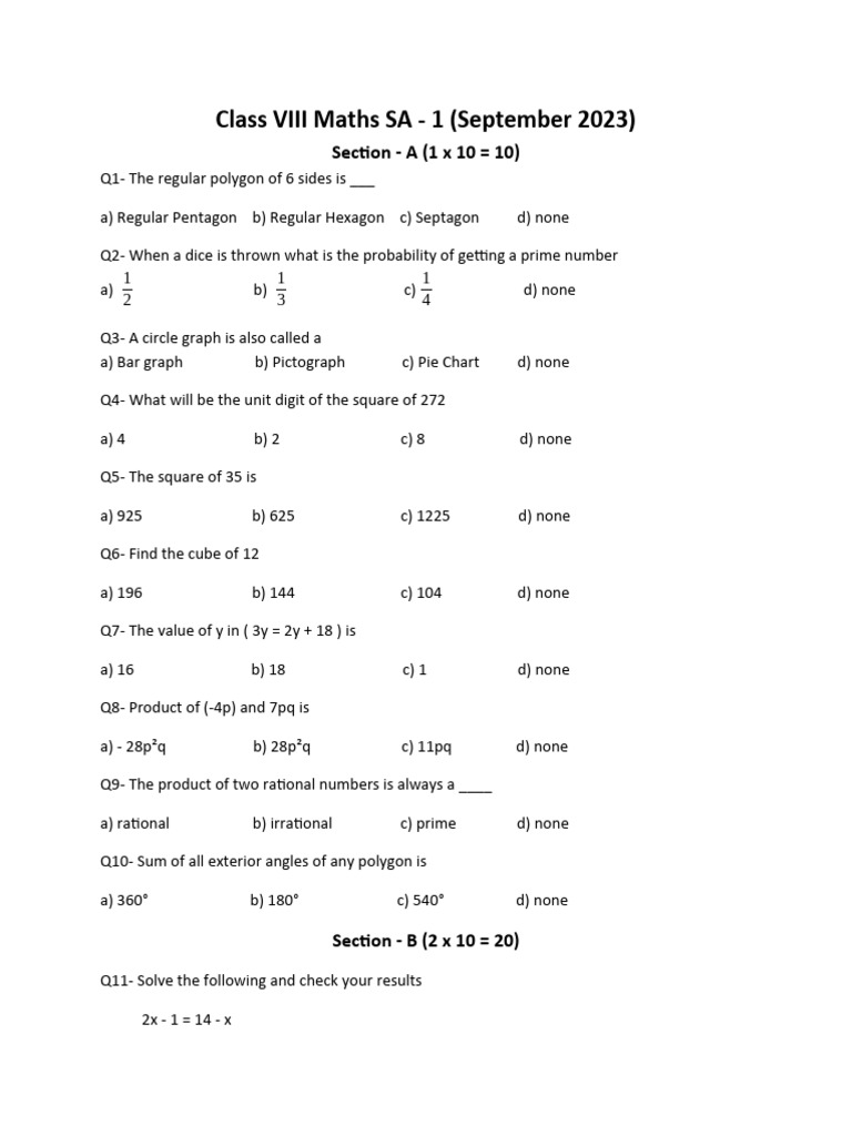 Class VIII Maths SA - 1 (2023-24) | PDF | Elementary Mathematics ...