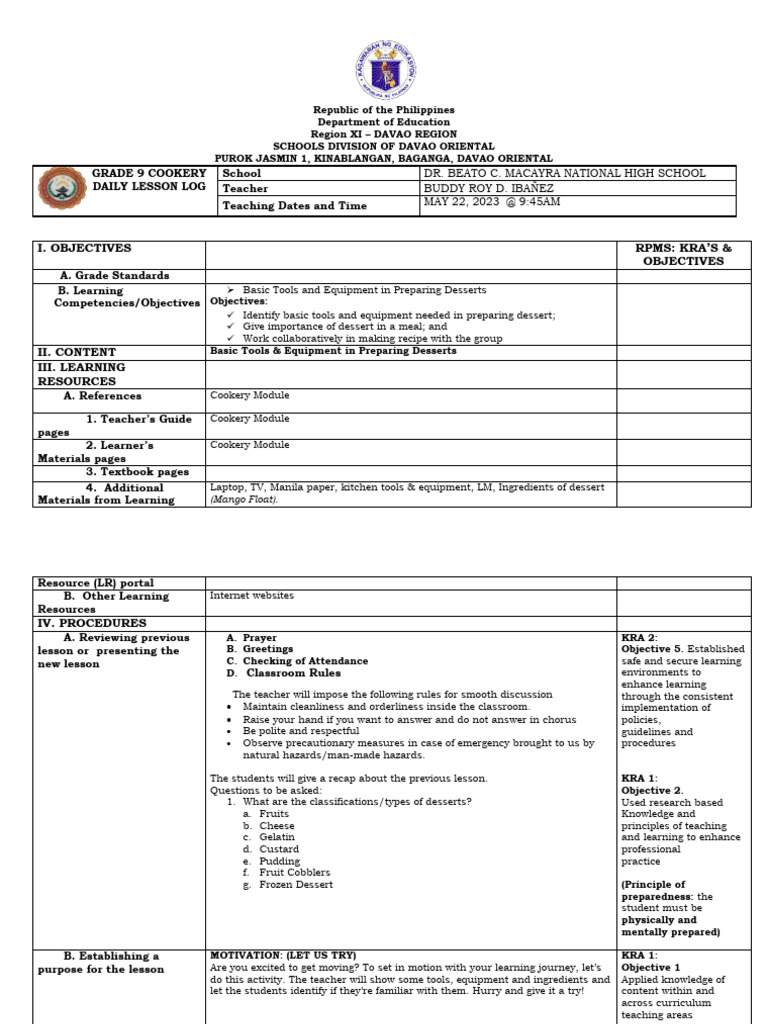 COT - DLL in TLE 9 | Download Free PDF | Baking | Learning