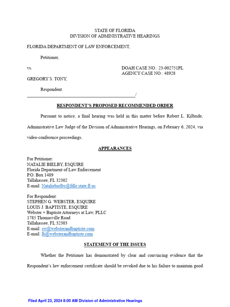 Florida Law Enforcement Hearing | PDF | Testimony | Burden Of Proof (Law)