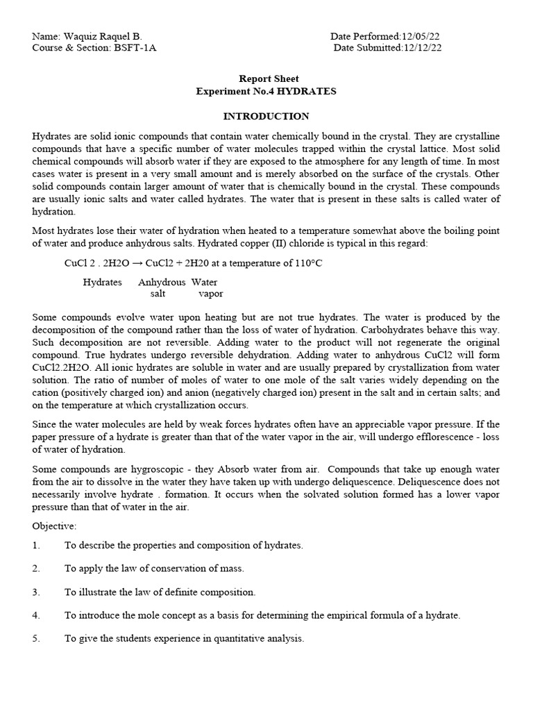 Experiment No. 4 Hydrates | PDF | Salt (Chemistry) | Water