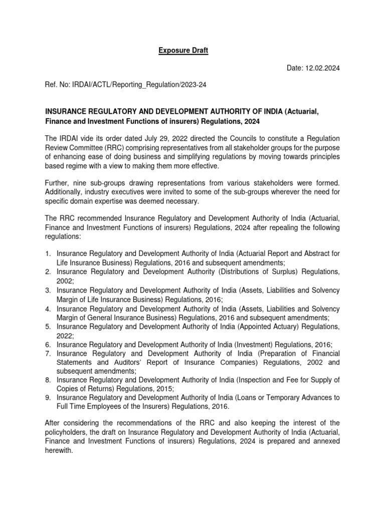 Notice Exposure Draft IRDAI (Actuarial, Finance and Investment ...