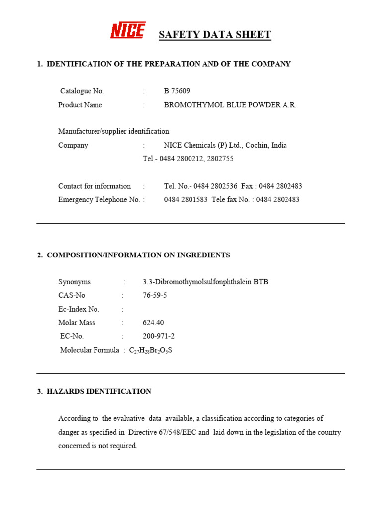 Bromothymol Blue Powder Safety Data Sheet | PDF | Waste | Waste Management