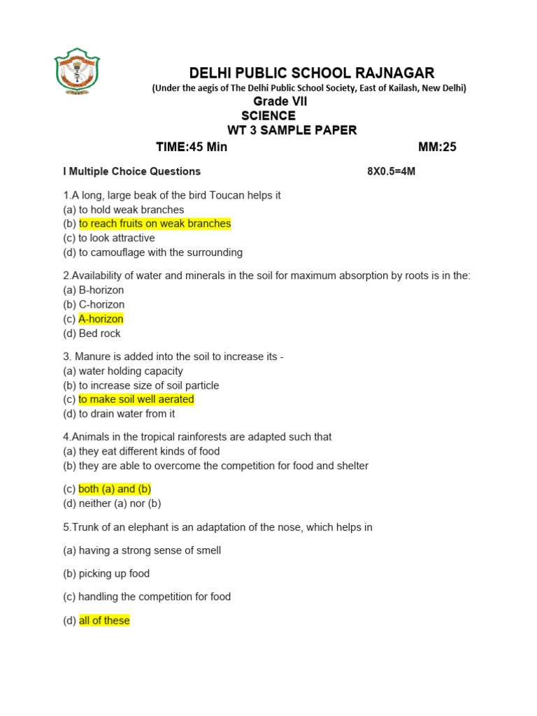 Grade Vii Science Wt3 Sample Paper Answerkey | PDF | Soil | Weather