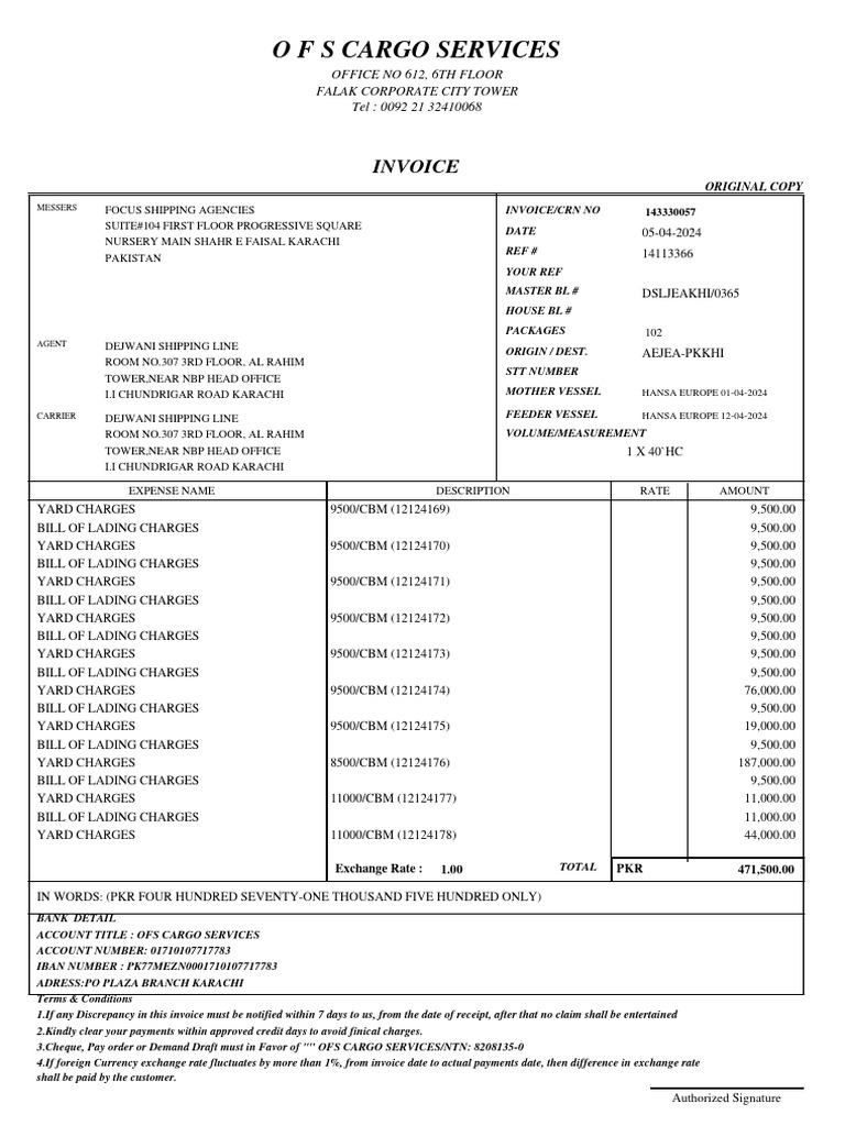 O F S Cargo Services: Invoice | PDF | Bill Of Lading | Payments