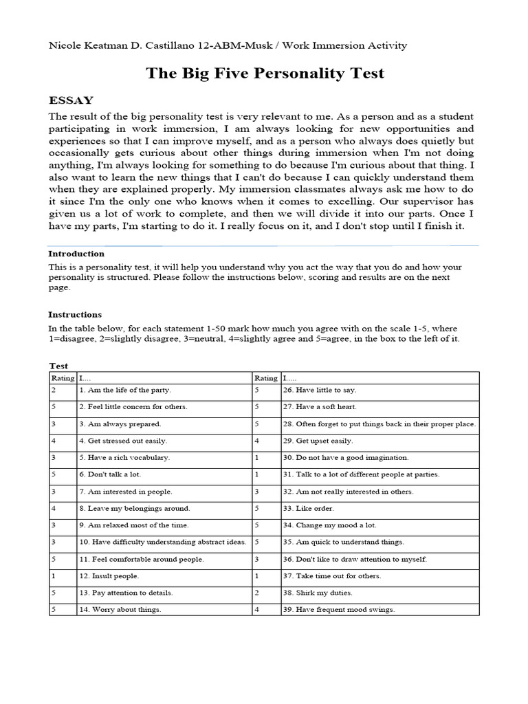 Big Five Personality Test | PDF | Social Psychology | Behavioural Sciences