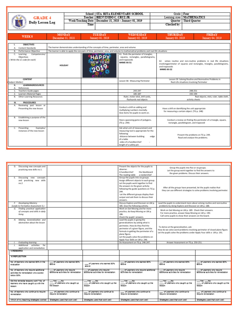 Grade 4 Math Lesson Plan: Perimeter | PDF | Area | Learning