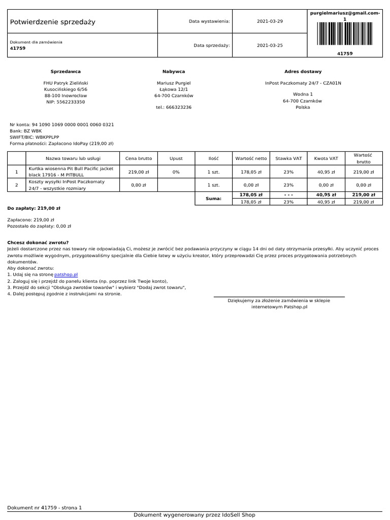 Potwierdzenie Sprzedazy NR | PDF