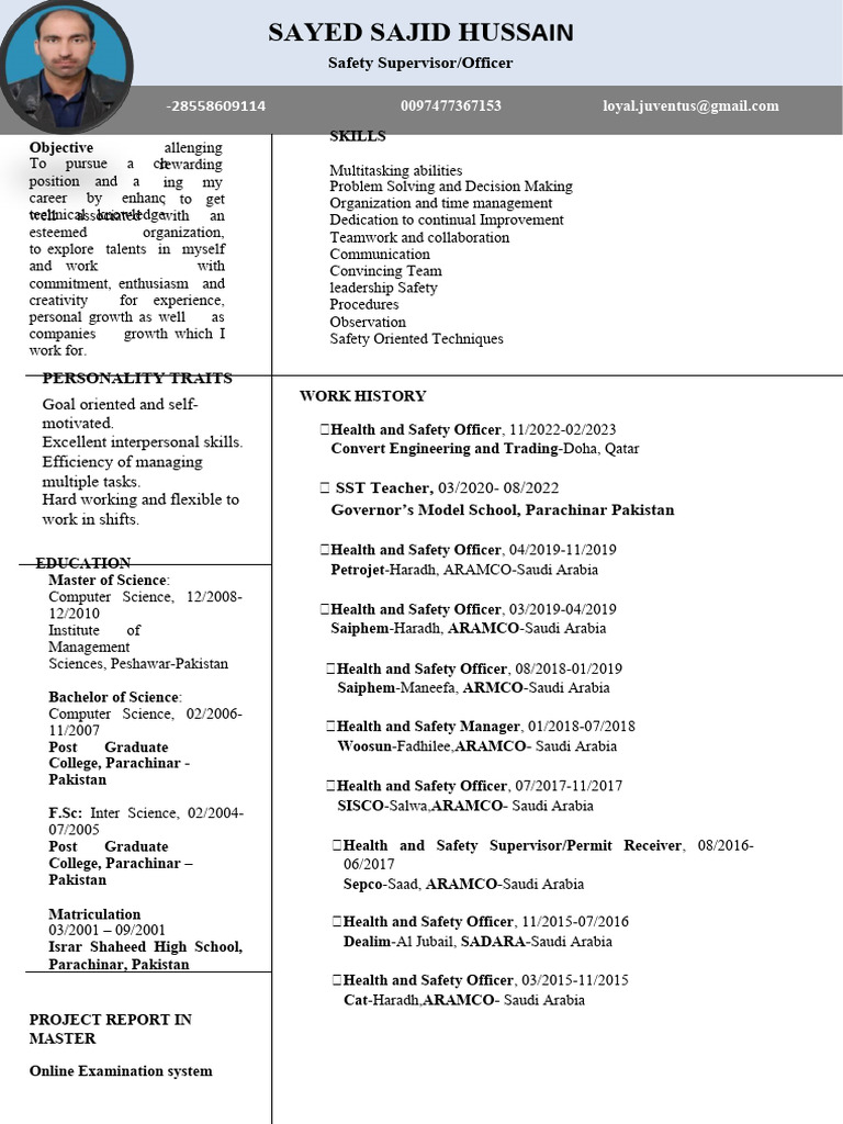 Sajid Qatar Safaty Supervisor CV | PDF | Occupational Safety And Health | Safety