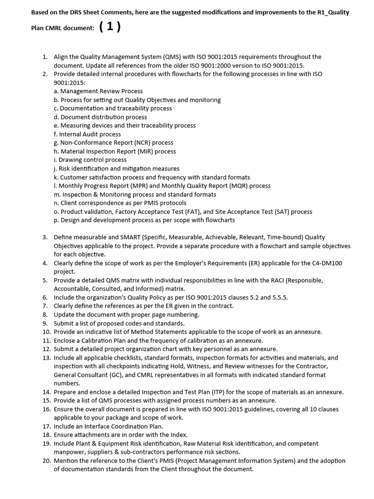 CMRL - QAP - Improvements Req 1 | PDF | Quality Management System | Iso 9000