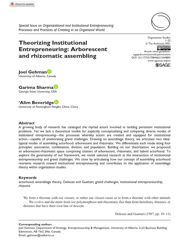 Gehman, J., Sharma, G., Beveridge, A. (2021) - Theorizing Institutional Entrepreneuring ...
