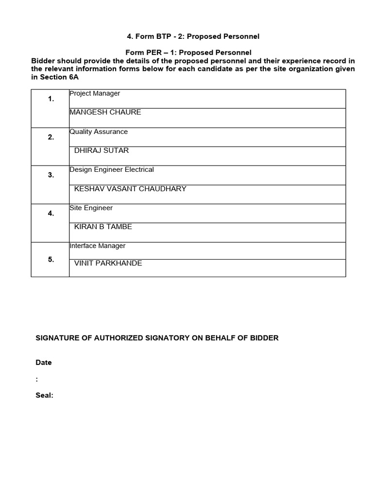Proposed Personnel Details Form | PDF