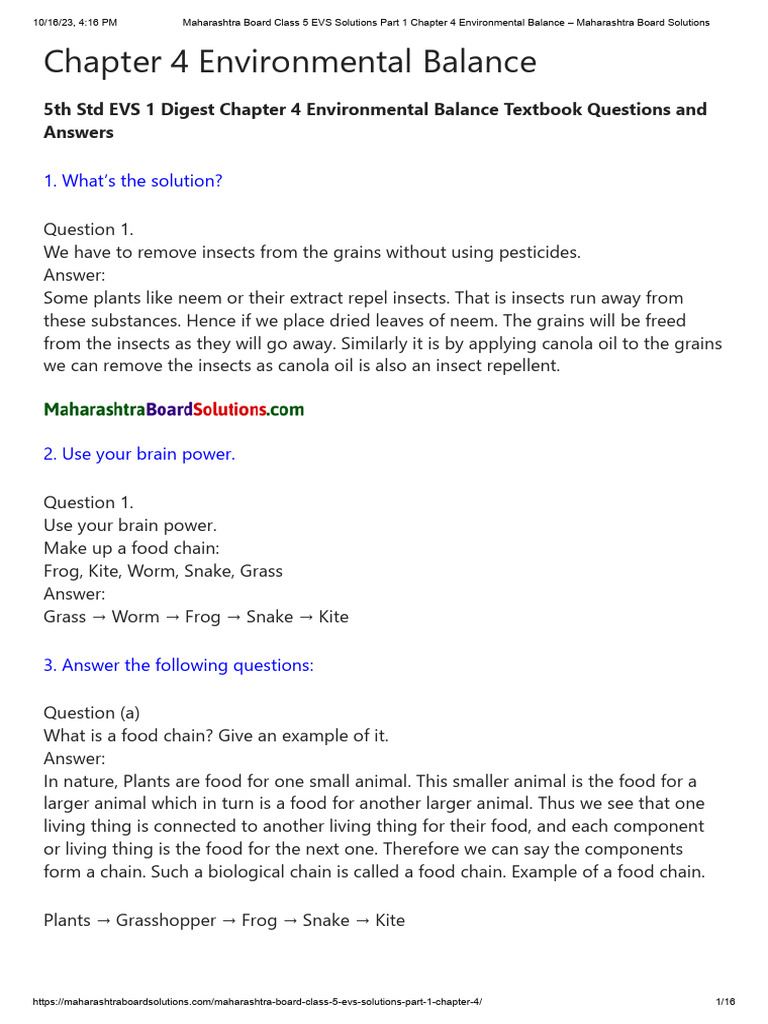 Class 5 EVS: Environmental Balance Solutions | PDF | Foods | Water