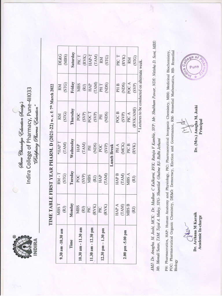 Pharm. D. Time Tables | PDF