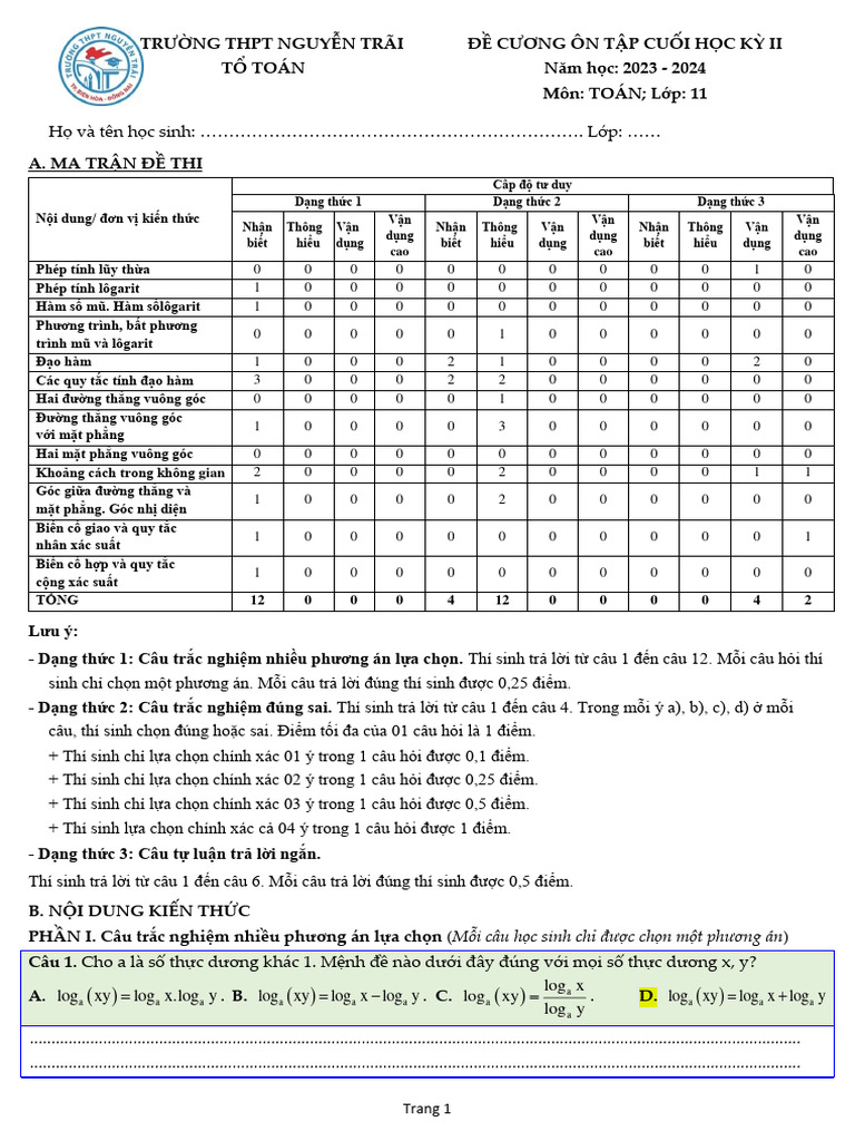 De Cuong Ôn Tập Cuoi Hoc Ky 2 Toan 11 Nam 2023 2024 | PDF