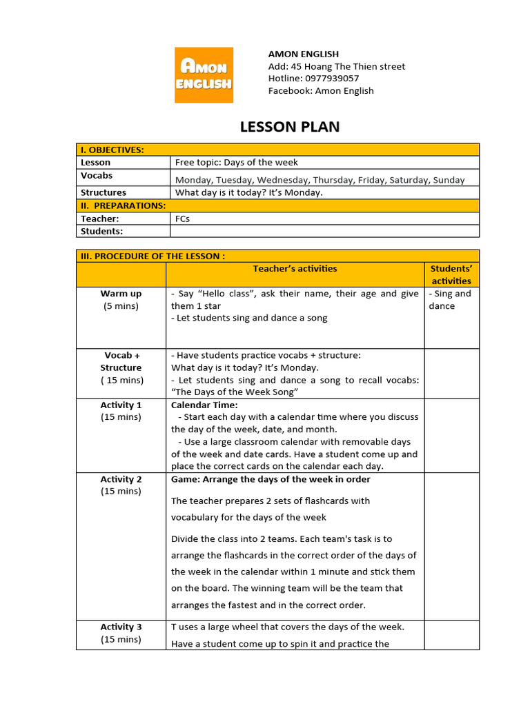 Lesson Plan: Days of the Week Activities | PDF