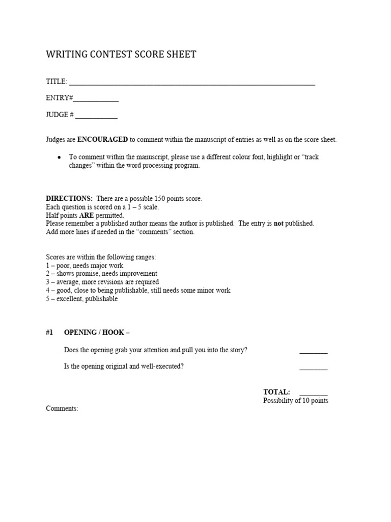 Writing Contest Score Sheet | PDF | Writing