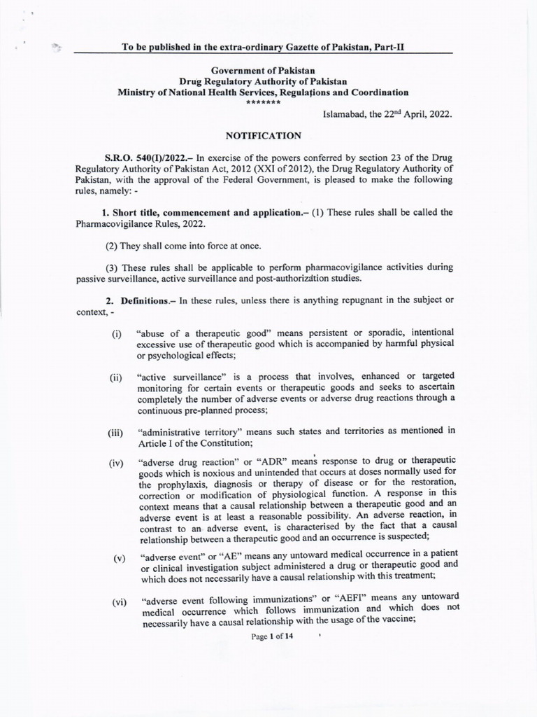 SRO 540I 2022 PV Rules 2022 | PDF | Pharmacovigilance | Therapy