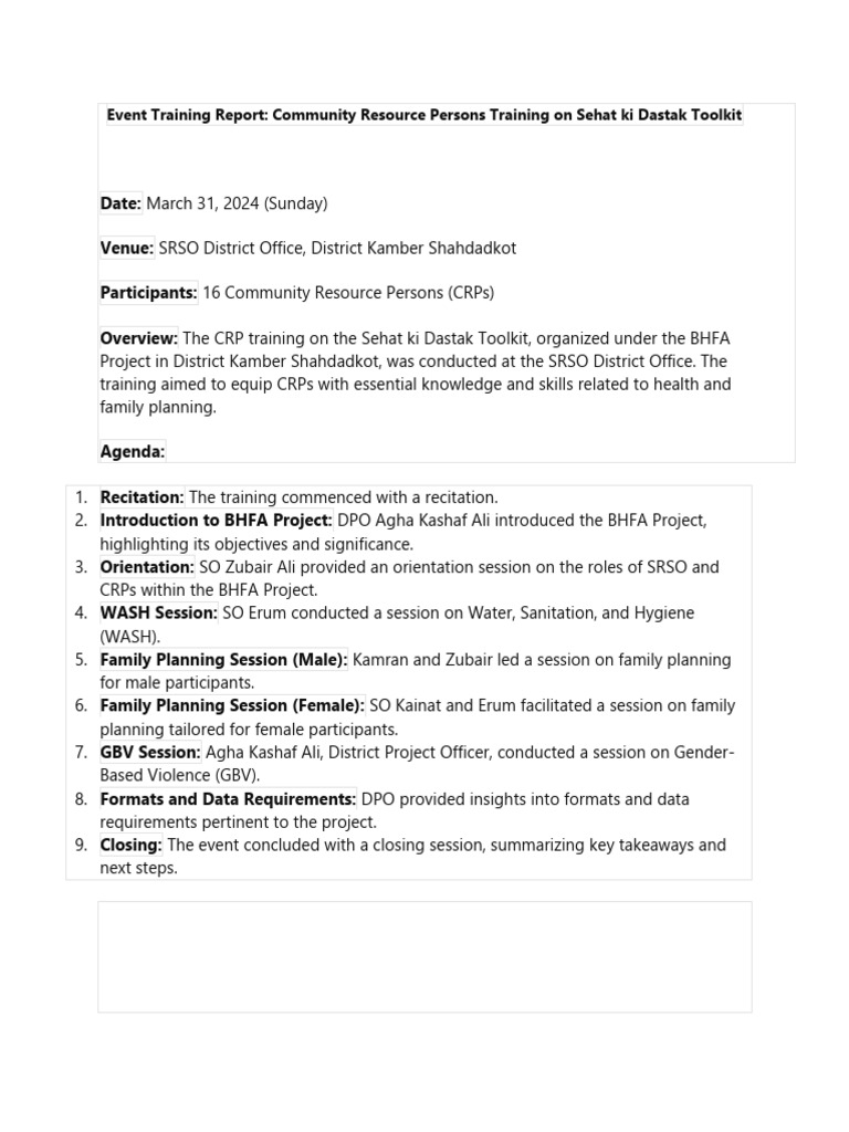 CRP Training on Sehat ki Dastak Toolkit | PDF | Career & Growth