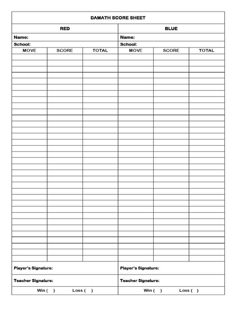 Damath Score Sheet | PDF