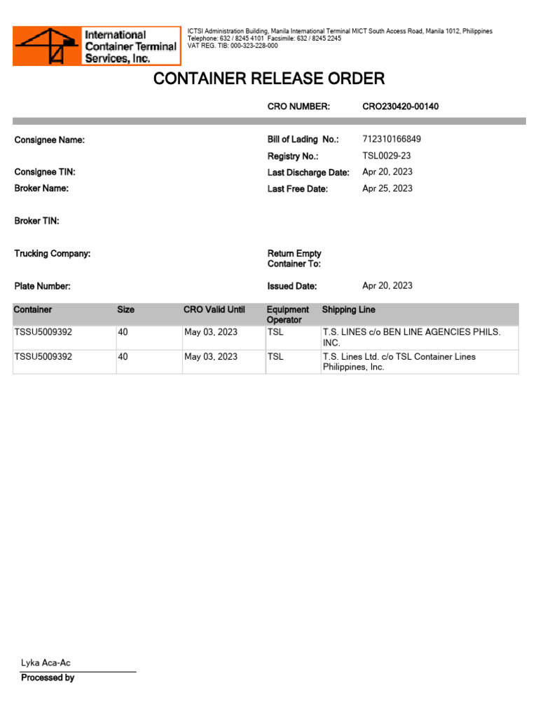 Container Release Order | PDF