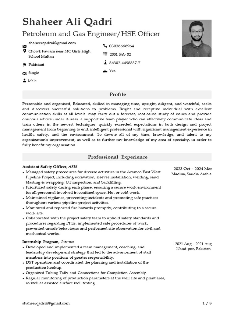 Shaheer Ali Qadri FlowCV Resume 20240216 | Download Free PDF | Engineering | Safety