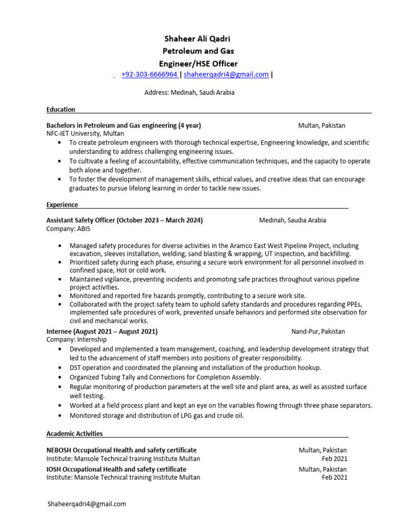 Shaheer Ali Qadri Resume-01 | PDF | Occupational Safety And Health | Safety