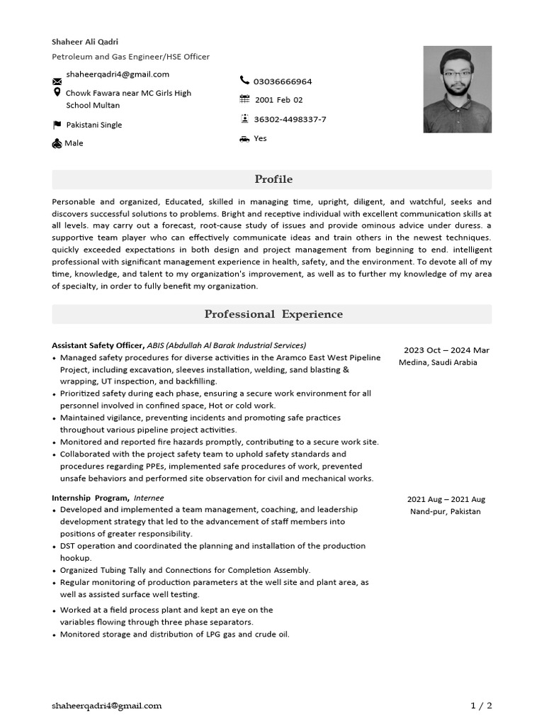 Shaheer Ali Qadri Resume (21-04-2024) | PDF | Occupational Safety And ...