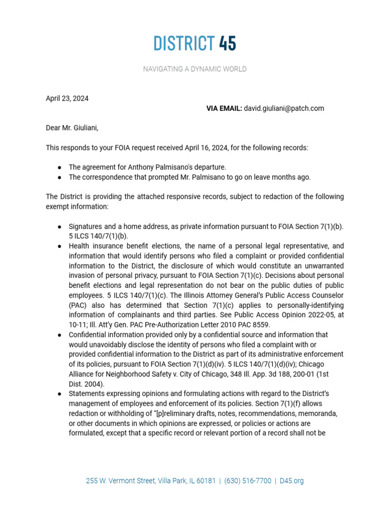 Documents On Villa Park District 45 Superintendent Anthony Palmisano ...