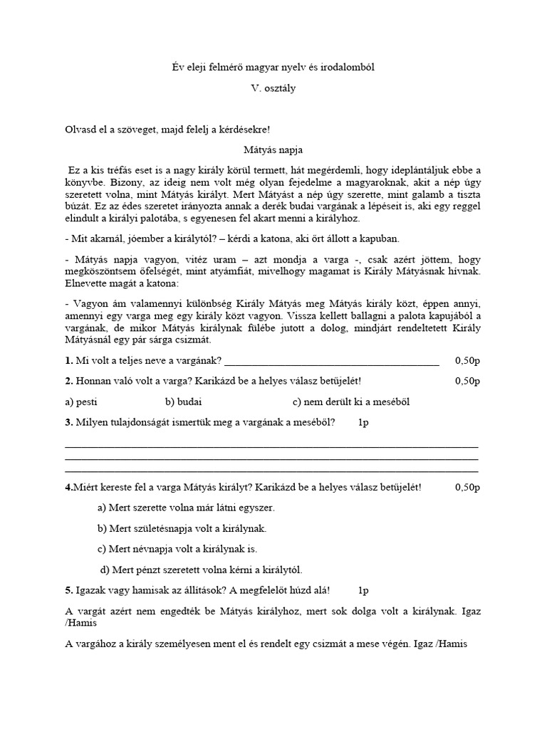 Év Eleji Felmérő 5.osztály | PDF