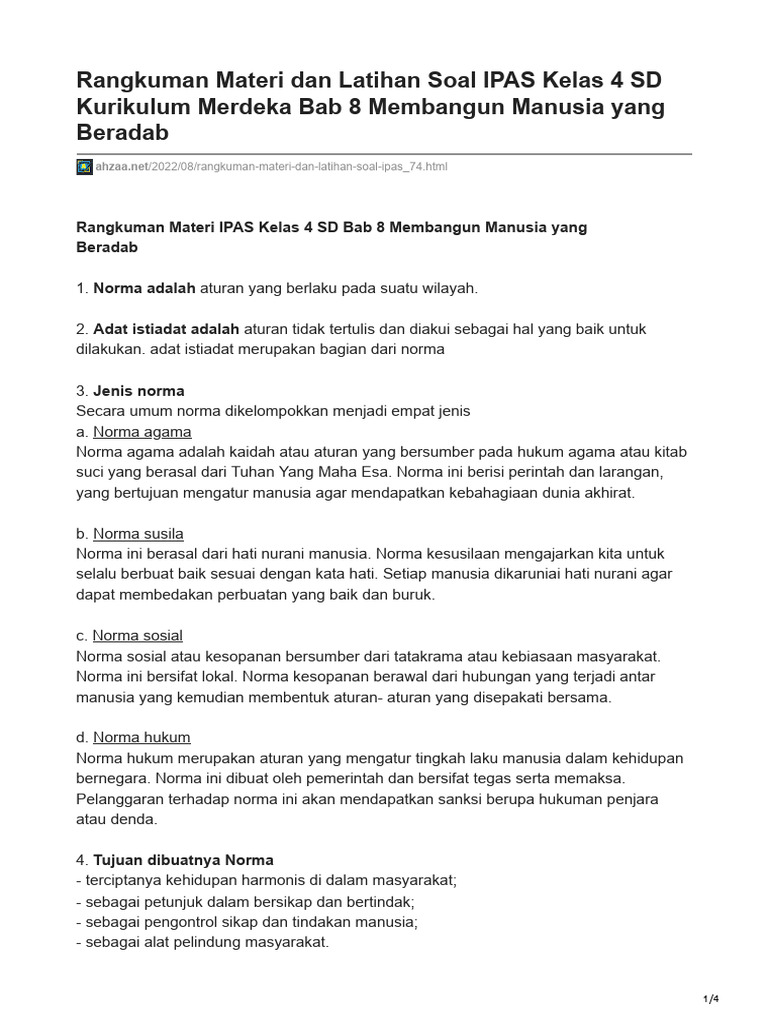 Rangkuman Materi Dan Latihan Soal IPAS Kelas 4 SD Kurikulum Merdeka Bab 8 Membangun Manusia Yang ...