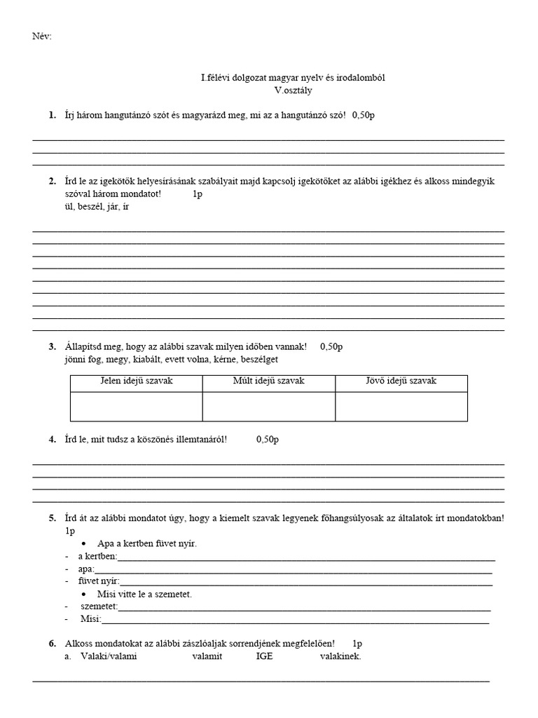 Félévi Dolgozat 5. Osztály | PDF